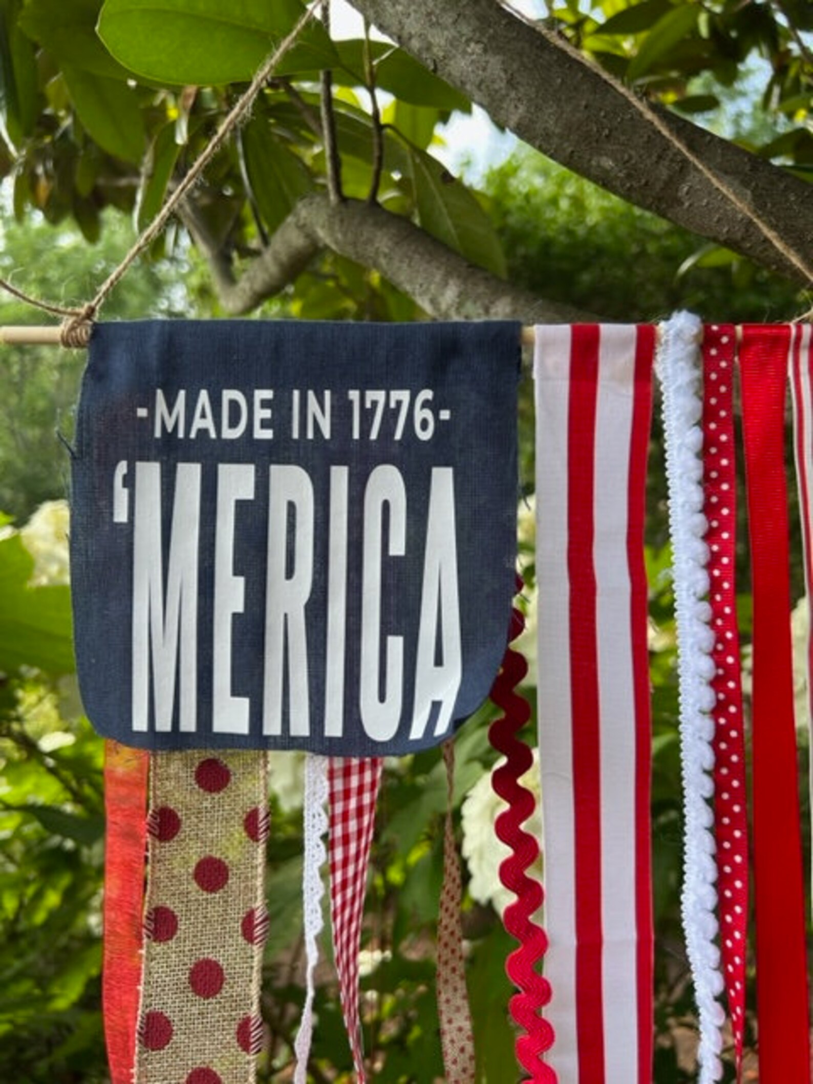 American Flag USA Decorative Ribbon Rag Farmhouse Flag Banner; 1776 ...