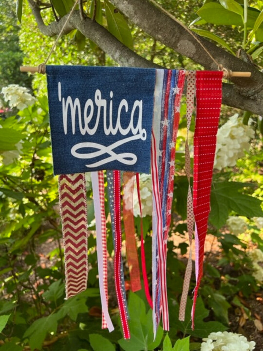 American Flag USA Decorative Ribbon Rag Farmhouse Flag Banner; 'merica ...