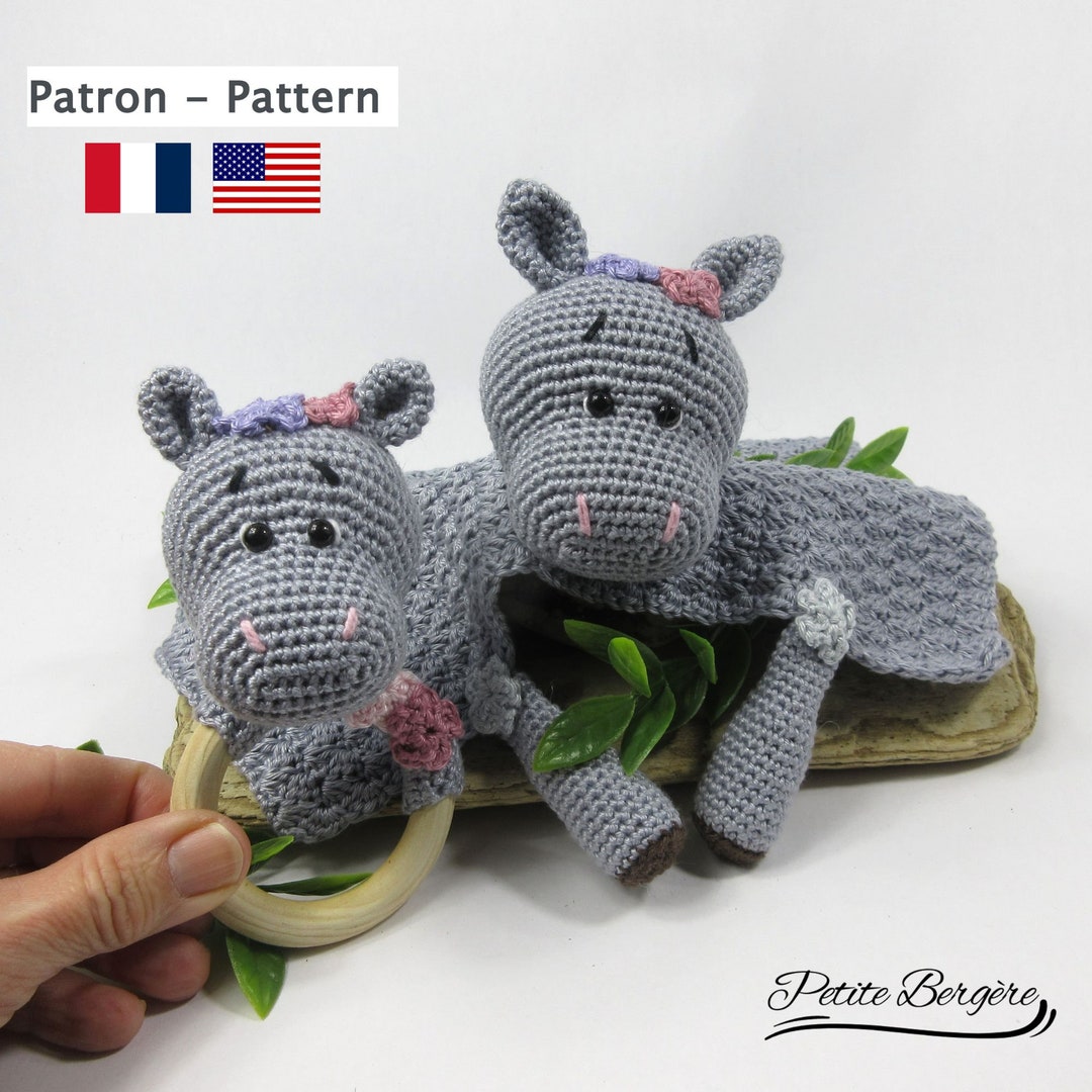 Crochet Hippopotamus Lovey, French and English Hippopotamus Rattle ...