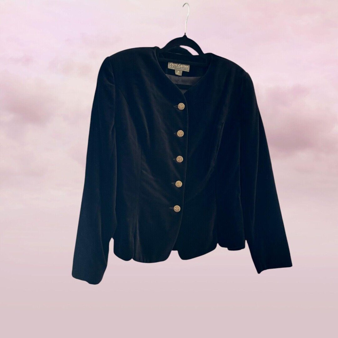 Vintage 90s Perri Cutten Black Velvet Blazer Jacket Gold Button / AU 10 ...