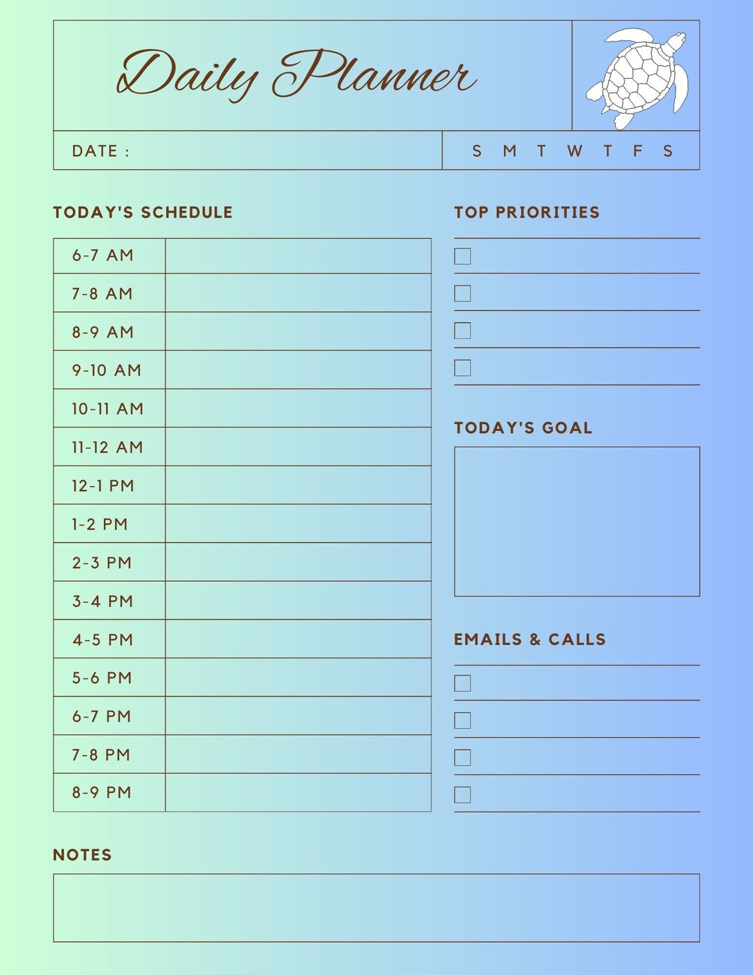 Simple Daily Planner PRINTABLE Sea Turtle Themed Digital - Etsy