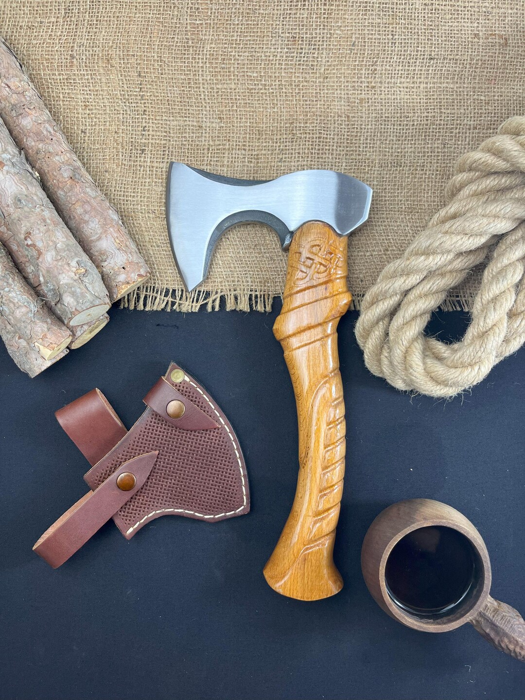 Hand Forged Viking Axe: Patterned Beech Handle, Leather Sheath - Etsy