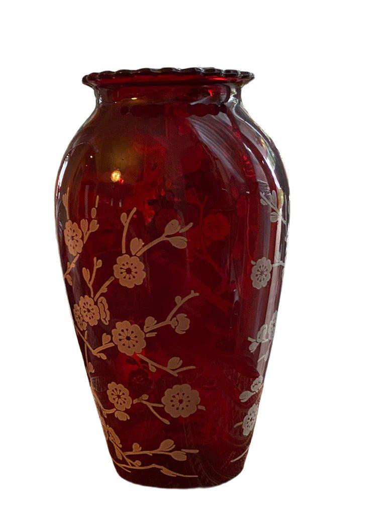 Red Vintage Glass Vase Japanese Hand Painted, Birds & Flowers- 9” - Etsy