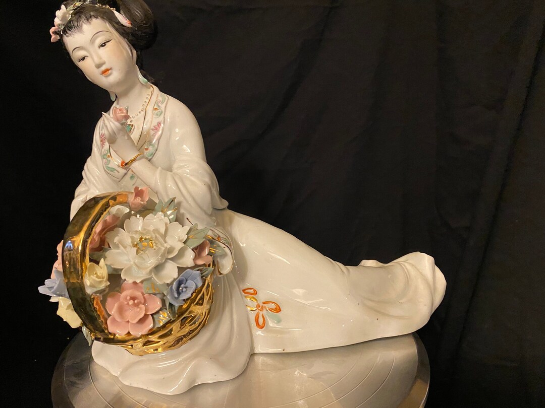 A Geisha Sitting With a Basket of Flowers. Vintage Handcrafted, Hand ...