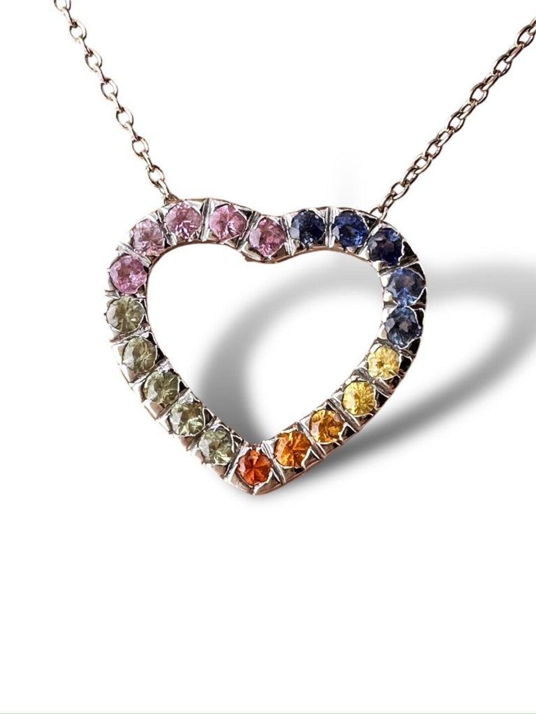 14K Gold Open Heart Rainbow Heart Necklace, Topaz and Gold 18 Necklace ...