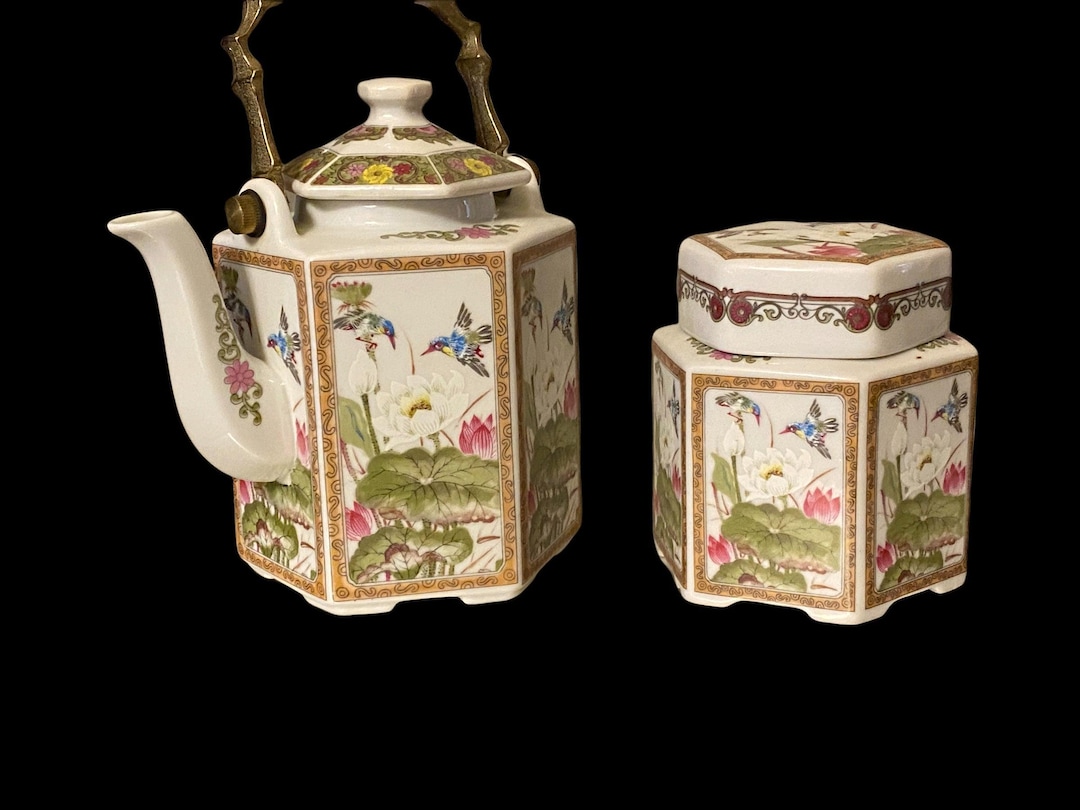Vintage Oriental Porcelain Teapot & Jar, Hand Painted Teapot 6.75”, Jar ...