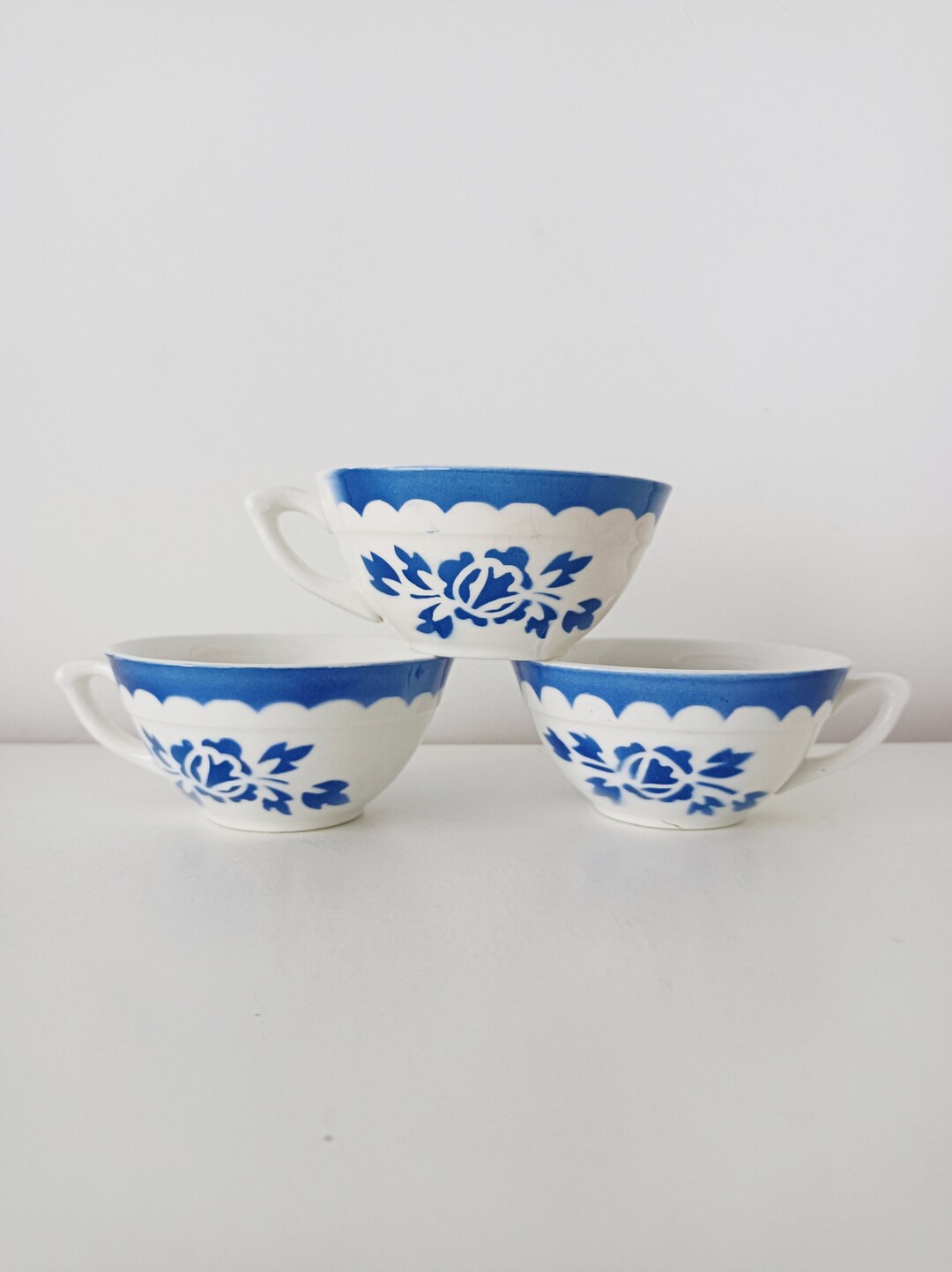 Set of 3 Earthenware Cups, Blue Floral Decoration - Etsy