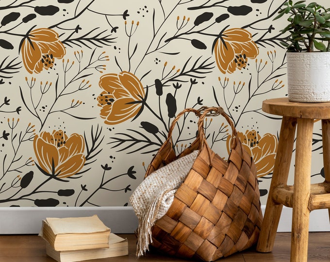 Light Boho Wallpaper Moons Leaves, Peel and Stick Wallpaper, Removable ...