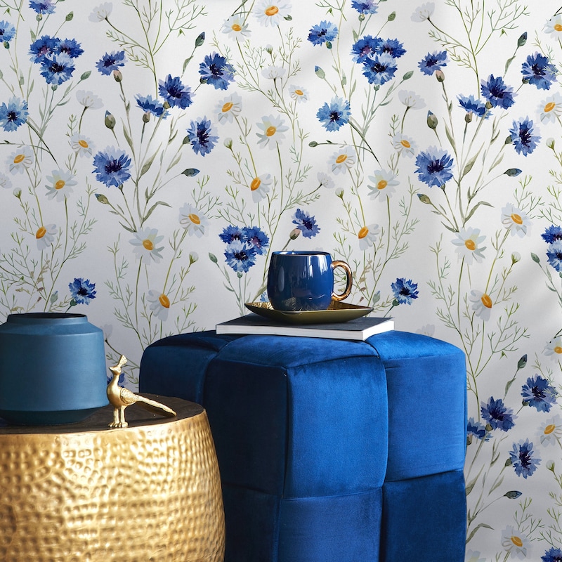 Blue Floral Wallpaper - Etsy