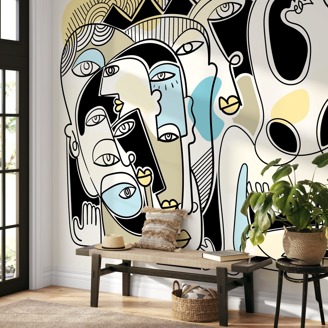 Line Art Faces Mural Abstract Wallpaper Hand Drawing Wallpaper Peel and ...