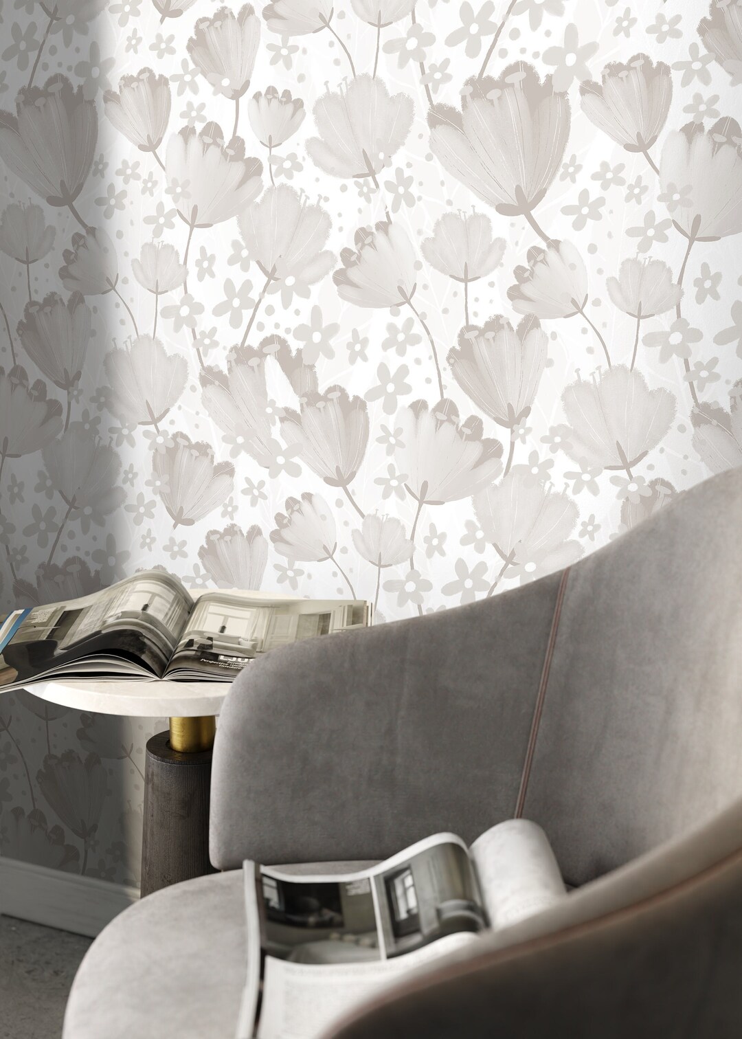 Neutral Minimalist Flower Wallpaper / Peel and Stick Wallpaper - Etsy