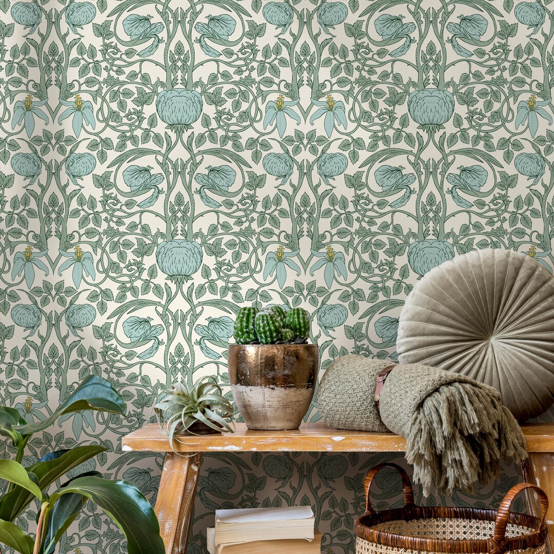 Art Nouveau Floral Blue Green Wallpaper - D479 - Etsy