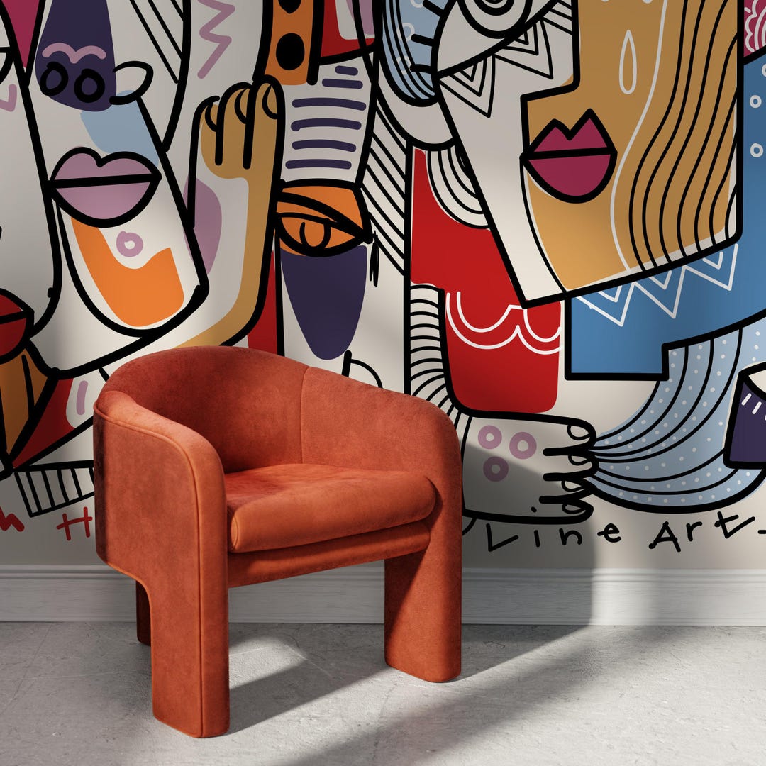Cubism Wallpaper With Abstract Line Art Faces in Blue, Orange, and Red ...