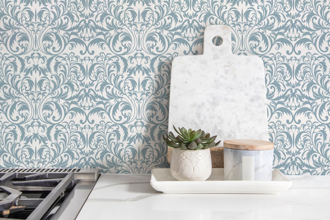 Light Blue Victorian Wallpaper / Peel and Stick Wallpaper Removable ...