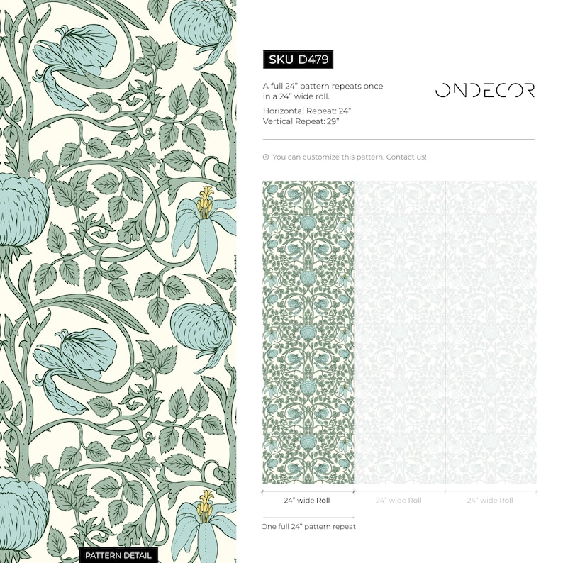 Art Nouveau Floral Blue Green Wallpaper - D479 - Etsy