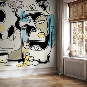 Line Art Faces Mural Abstract Wallpaper Hand Drawing Wallpaper Peel and ...
