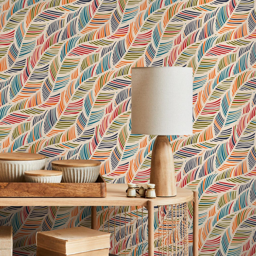 Mid-century Leaf Abstract Wallpaper - Navy & Orange B041 - Etsy