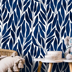 Navy Blue Leaf Boho Wallpaper / Peel and Stick Wallpaper Removable ...