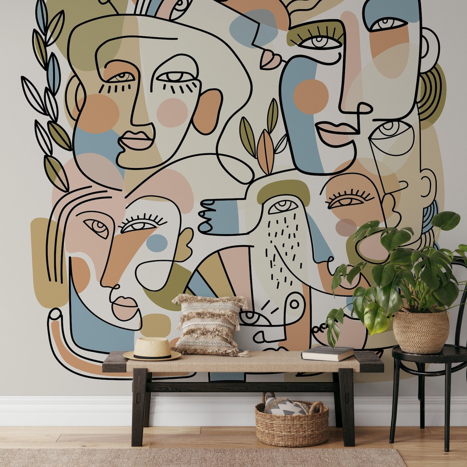 Modern Cubist Beige Blue Wallpaper - D558 - Etsy