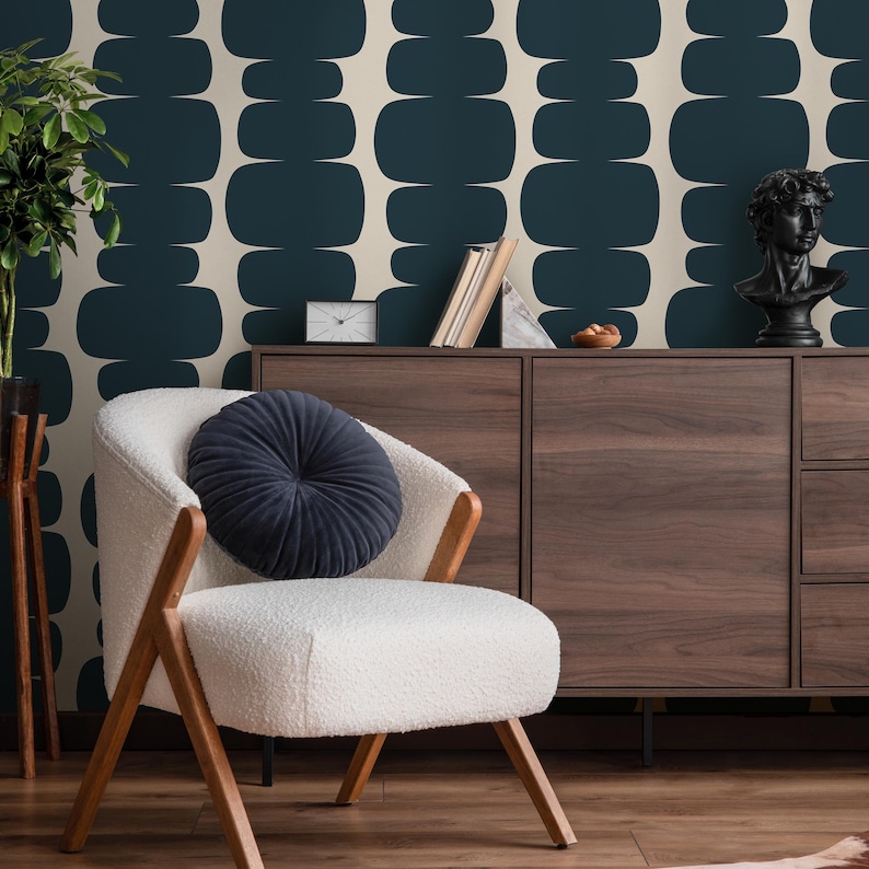 Peel and Stick Wallpaper With Abstract Shapes in Navy Blue, Cream ...