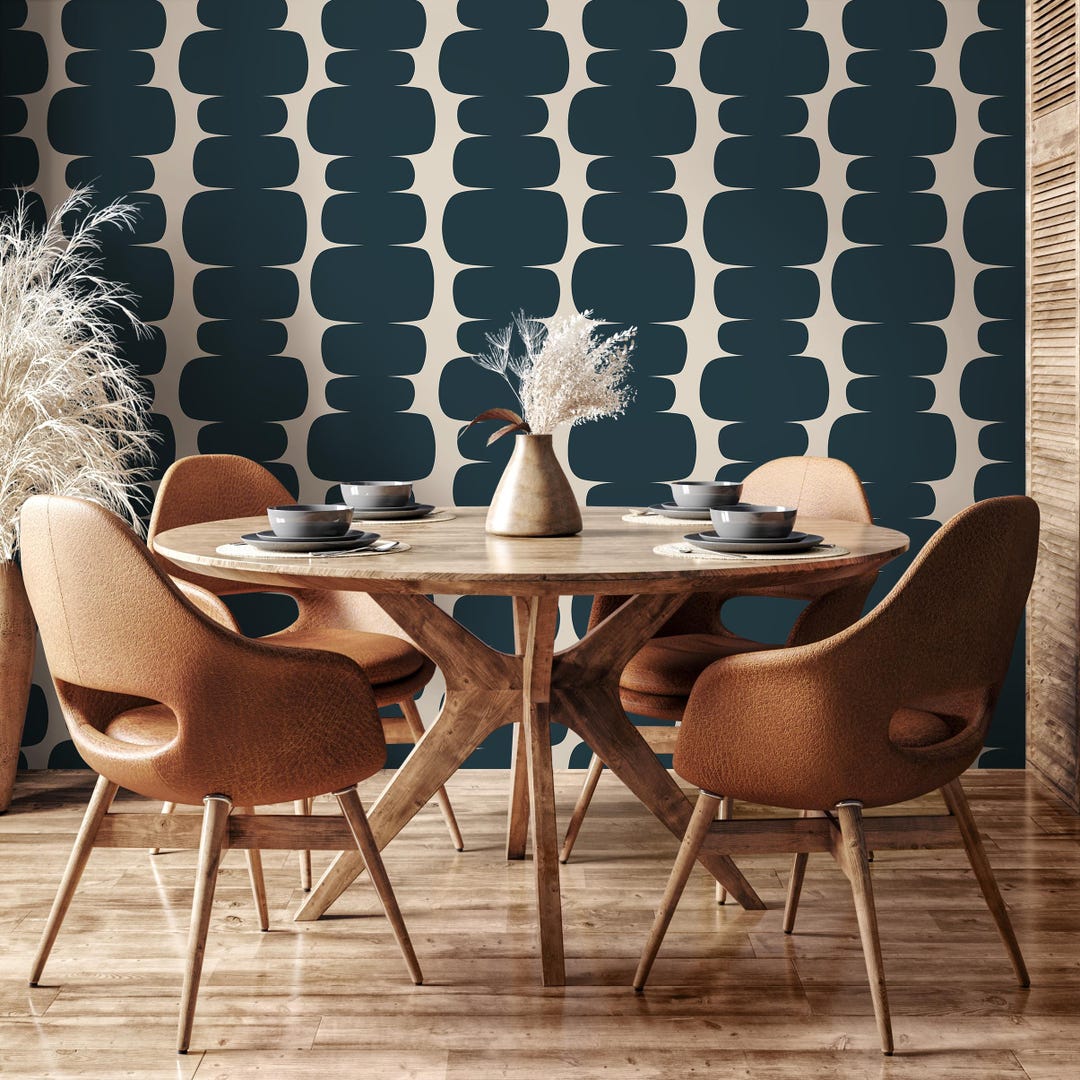 Peel and Stick Wallpaper With Abstract Shapes in Navy Blue, Cream ...
