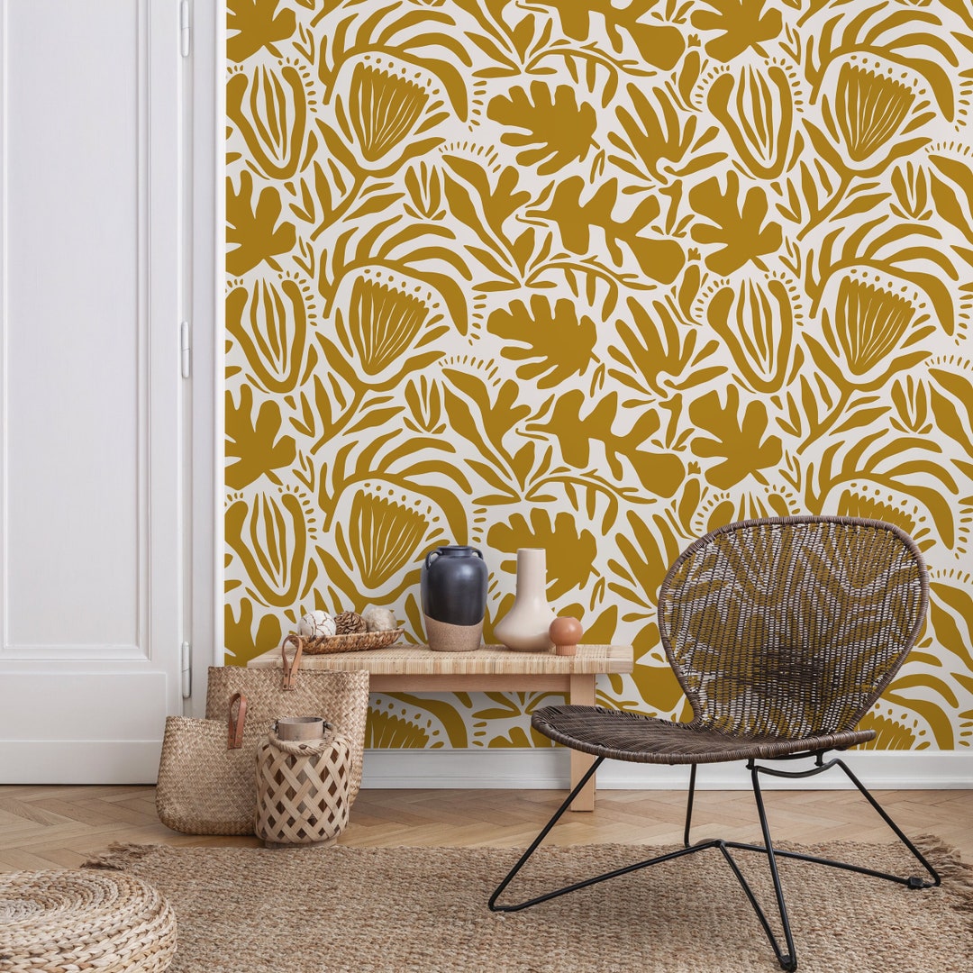 Yellow Abstract Floral Wallpaper Modern Wallpaper Peel and Stick and ...