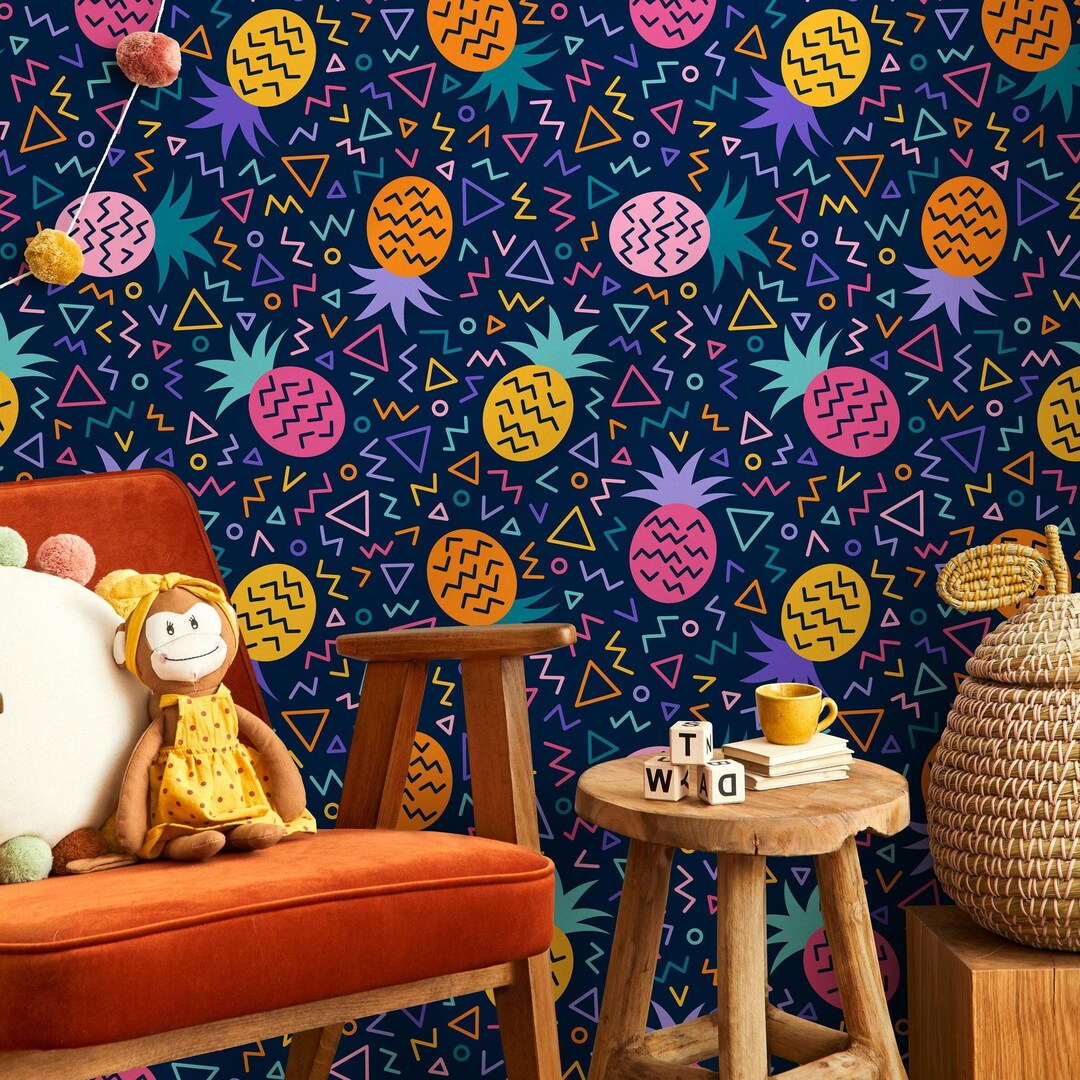 Memphis Wallpaper With Retro Pineapples and Shapes in Navy, Orange, and ...