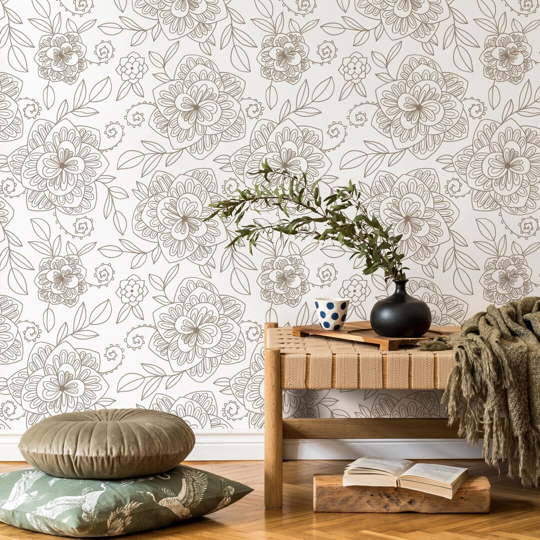 Floral Wallpaper Featuring Line Art Flowers in Taupe - C962 - Etsy