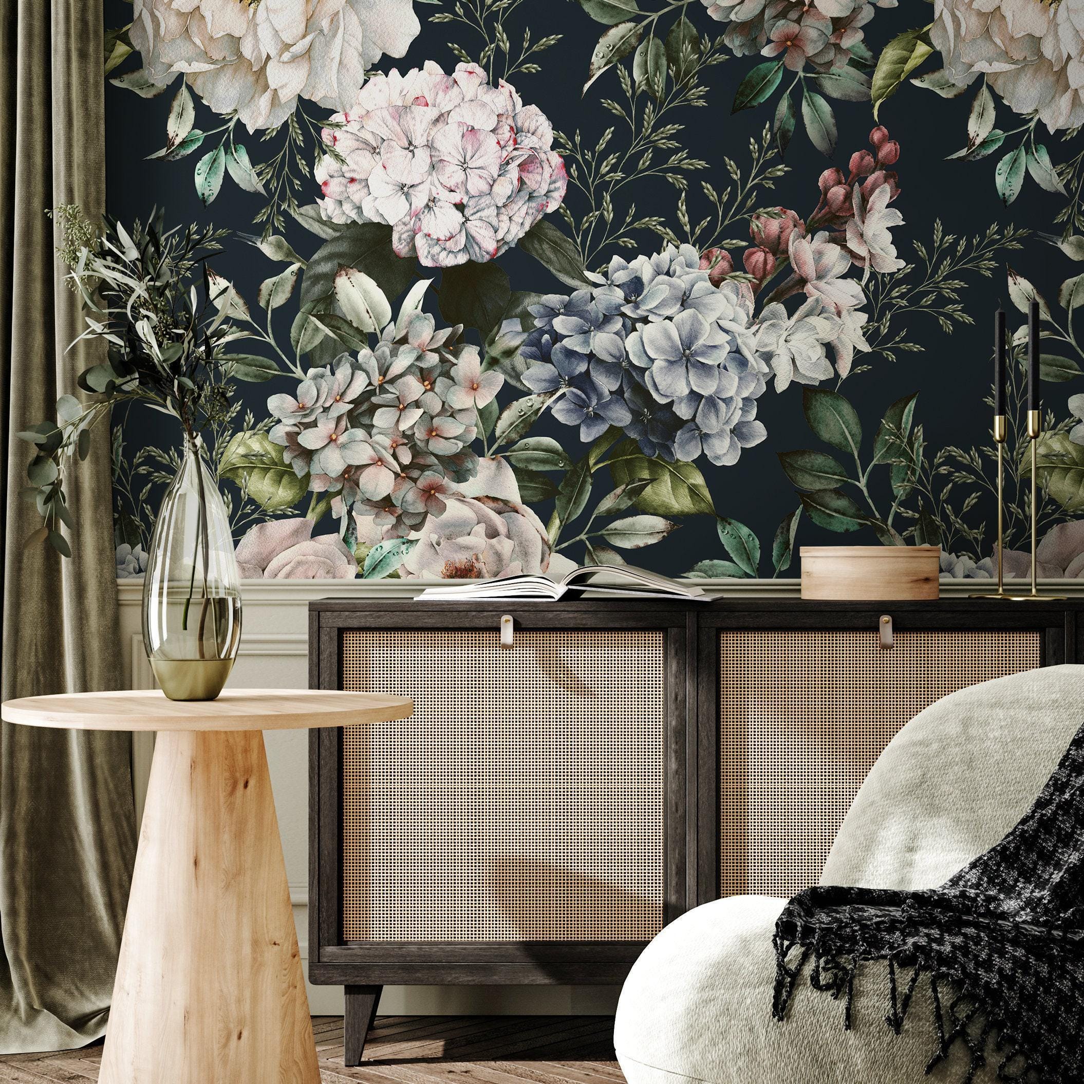Victorian Floral Wallpaper With Roses and Hydrangeas in Blue and Pink ...