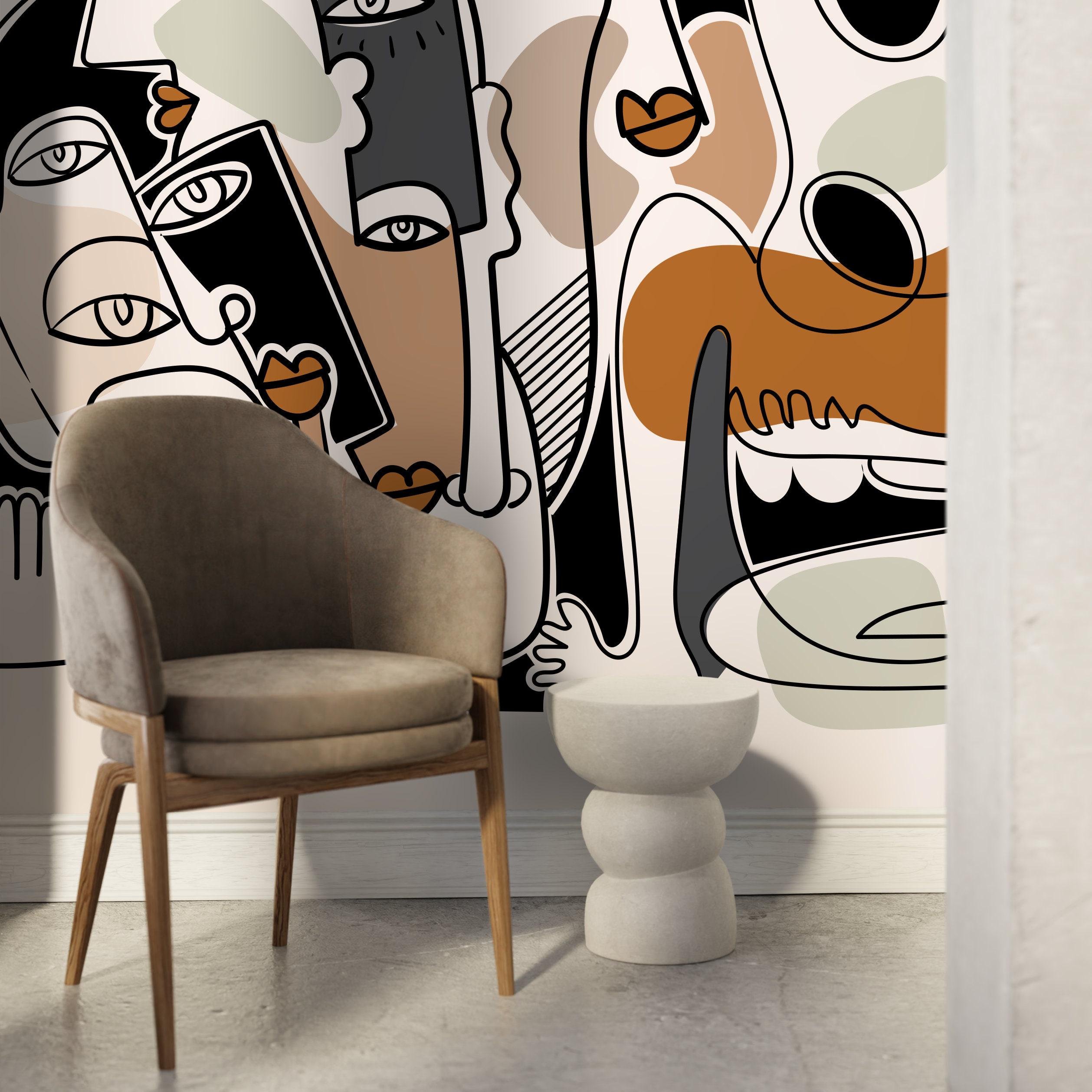 Cubist Abstract Beige & Black Wallpaper - D587 - Etsy