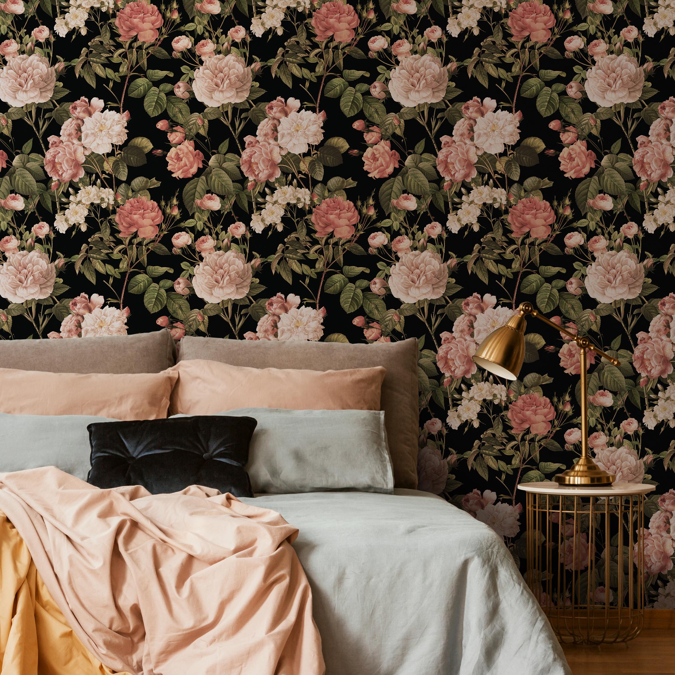 Floral Wallpaper With Vintage Roses in Pink, Green, and Black - E306 - Etsy