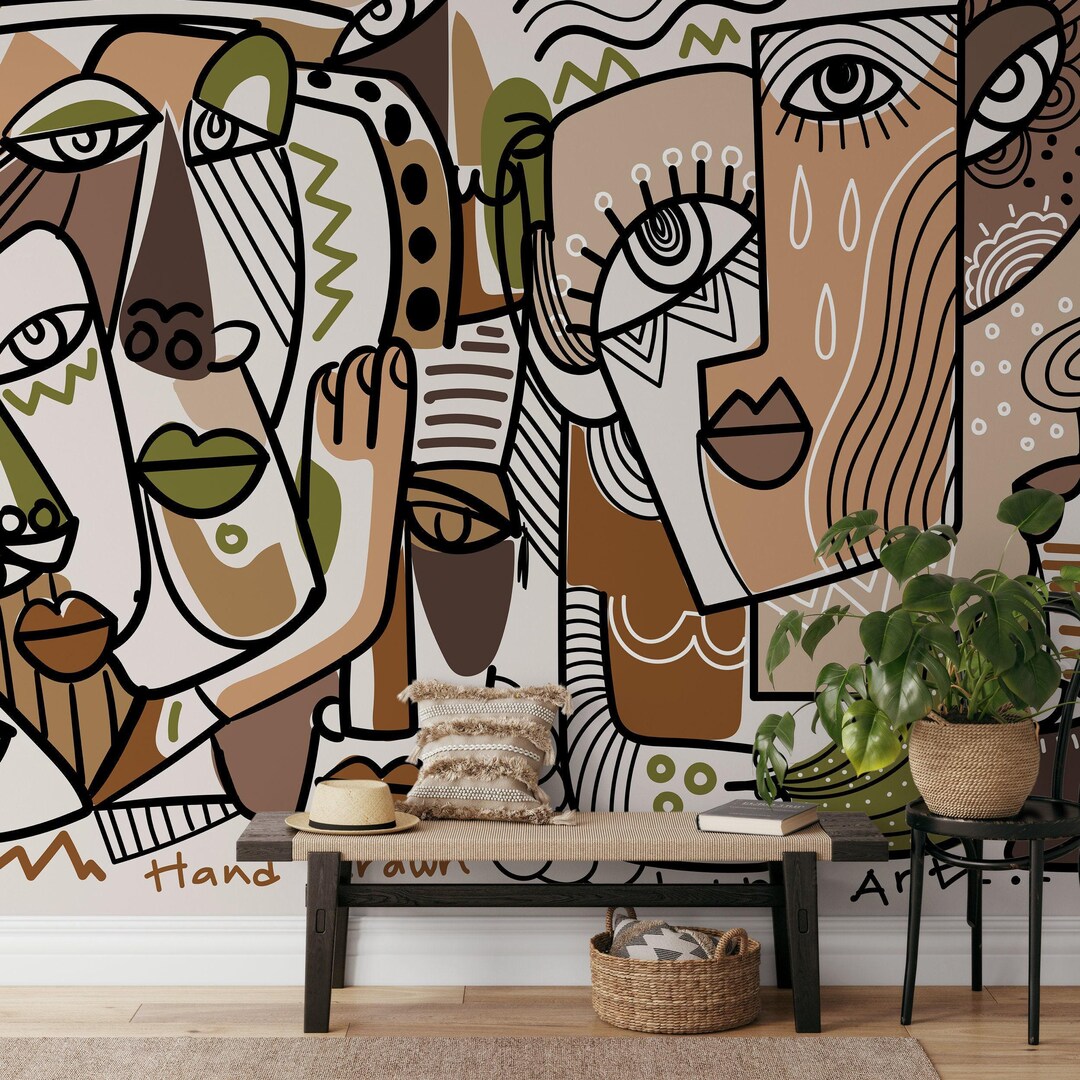 Cubist Wallpaper With Abstract Line Art Faces in Brown, Beige, and ...