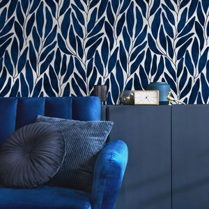 Navy Blue Leaf Boho Wallpaper / Peel and Stick Wallpaper Removable ...