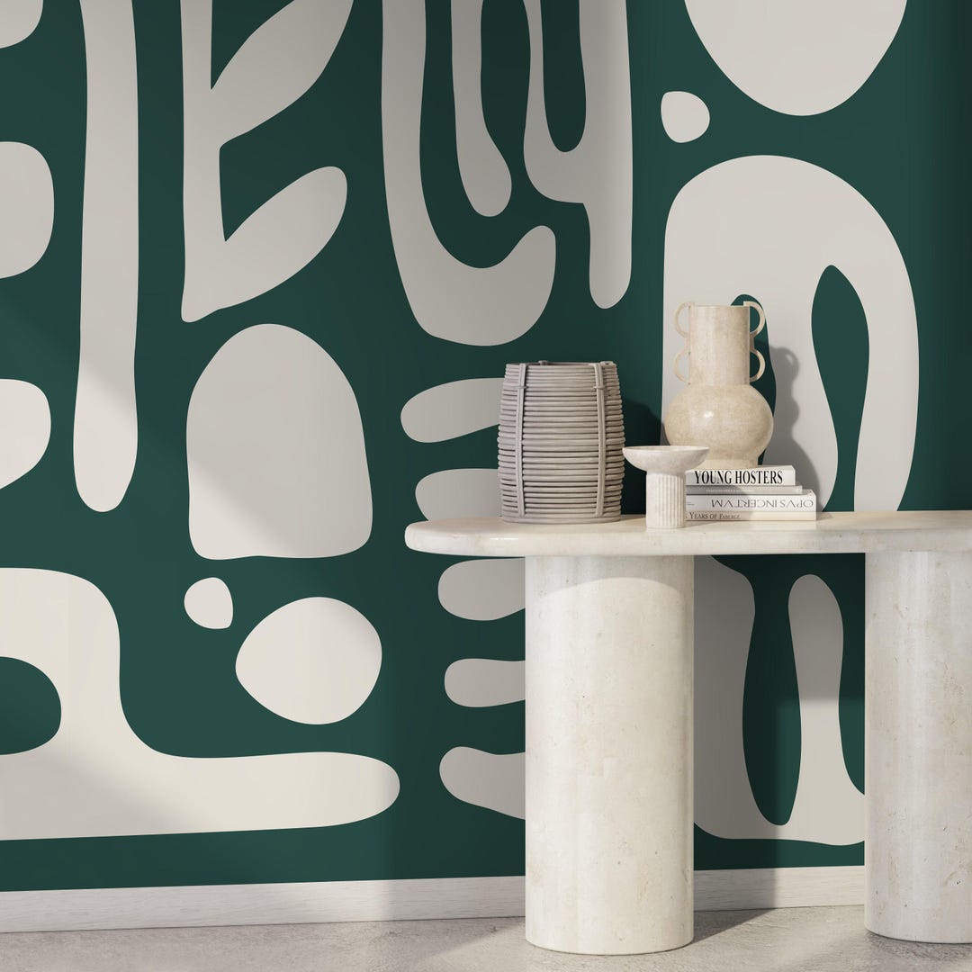 Mid-century Abstract Green Cream Wallpaper - D592 - Etsy