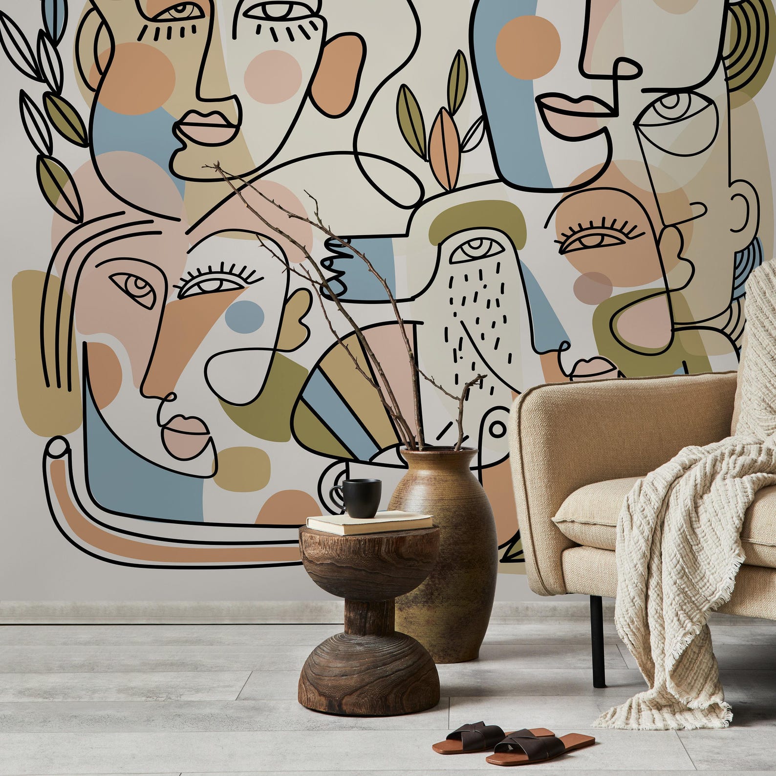 Modern Cubist Beige Blue Wallpaper - D558 - Etsy