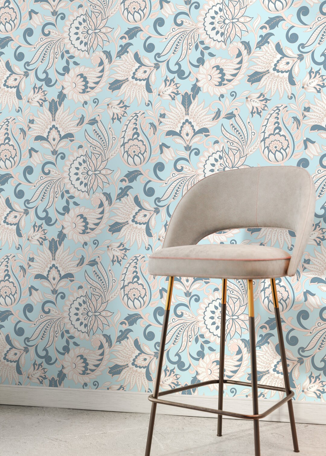 Light Blue Vintage Wallpaper / Peel and Stick Wallpaper Removable ...