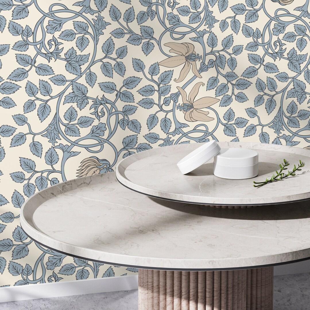 William Morris Trailing Vine Wallpaper In Dusty Blue On Ivory Peel William Morris Trailing Vine Wallpaper In Dusty Blue On Ivory Peel