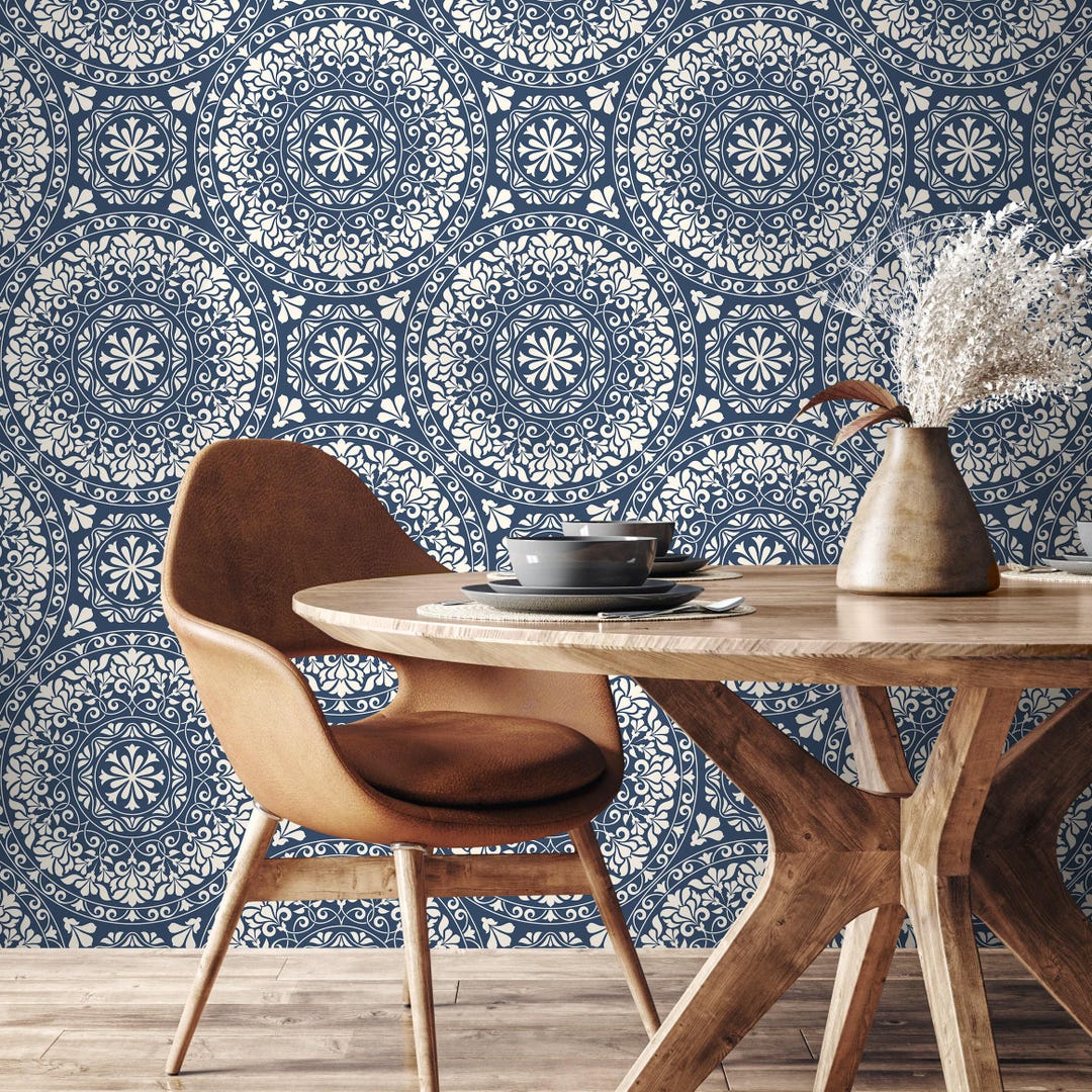 Floral Wallpaper With Moroccan Medallions in Navy and White - B237 - Etsy