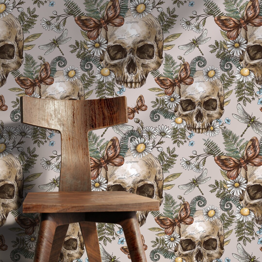 Fern and Skull Wallpaper Gothic Wallpaper Peel and Stick and ...
