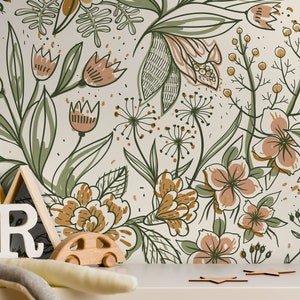 Floral Garden Hand Drawing Wallpaper / Peel and Stick Wallpaper ...