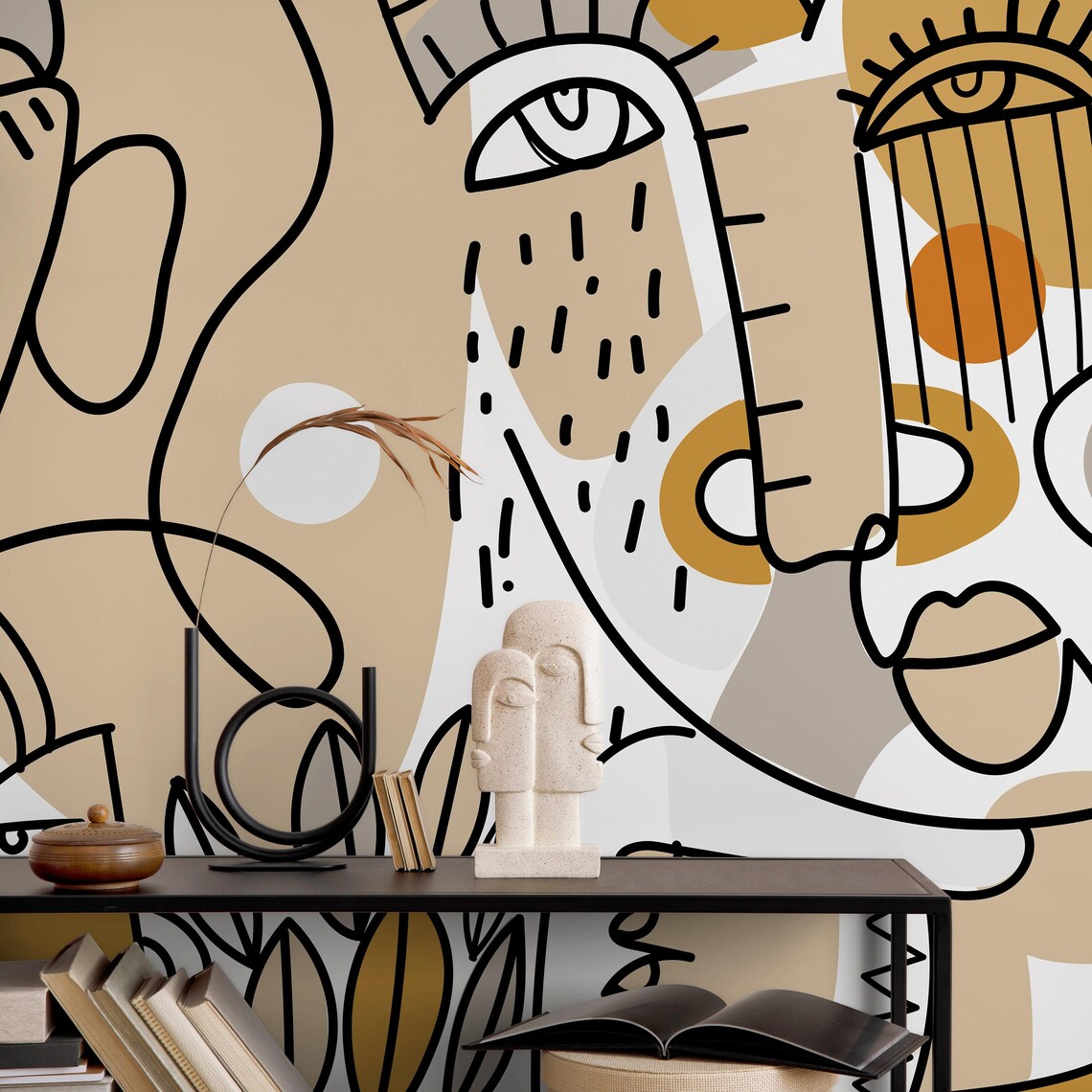 Cubist Abstract Art Wallpaper - Earth Tones & Black - Etsy