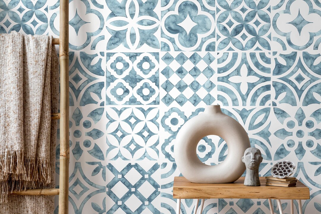 Moroccan Mosaic Blue White Wallpaper - D526 - Etsy