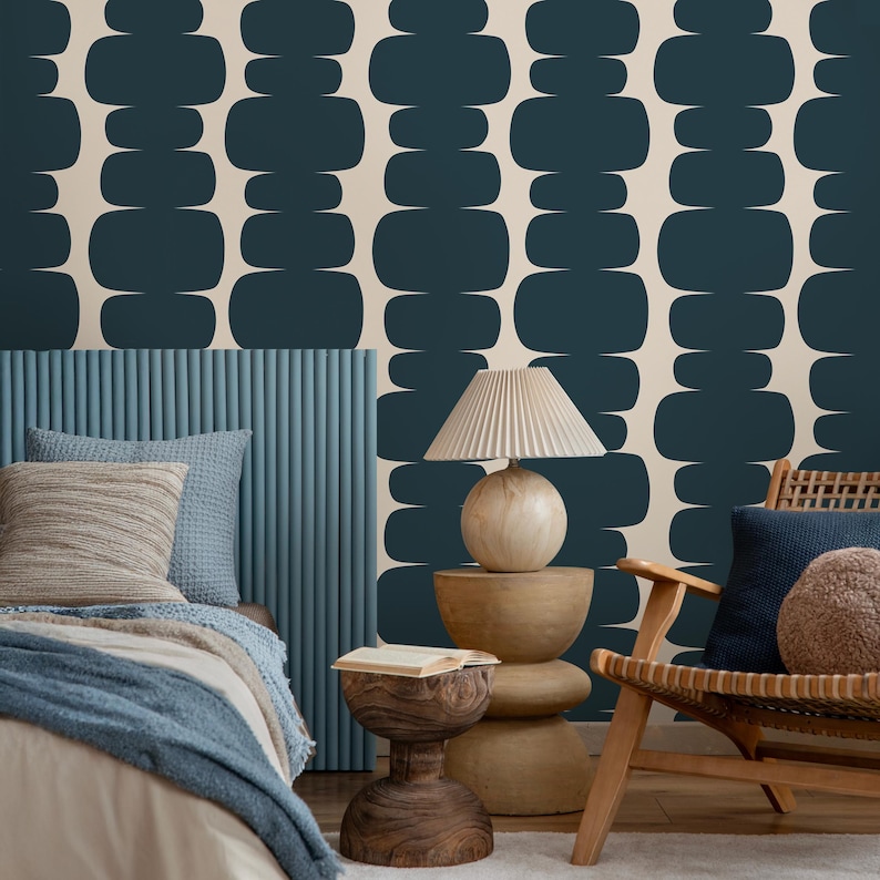 Peel and Stick Wallpaper With Abstract Shapes in Navy Blue, Cream ...