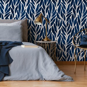 Navy Blue Leaf Boho Wallpaper / Peel and Stick Wallpaper Removable ...