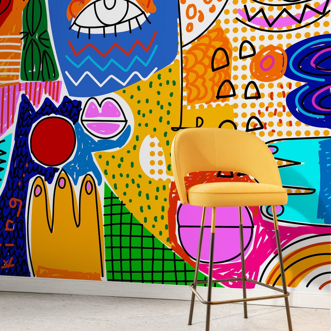 Cubism Wallpaper With Abstract Faces in Blue, Orange, and Pink - D578 ...