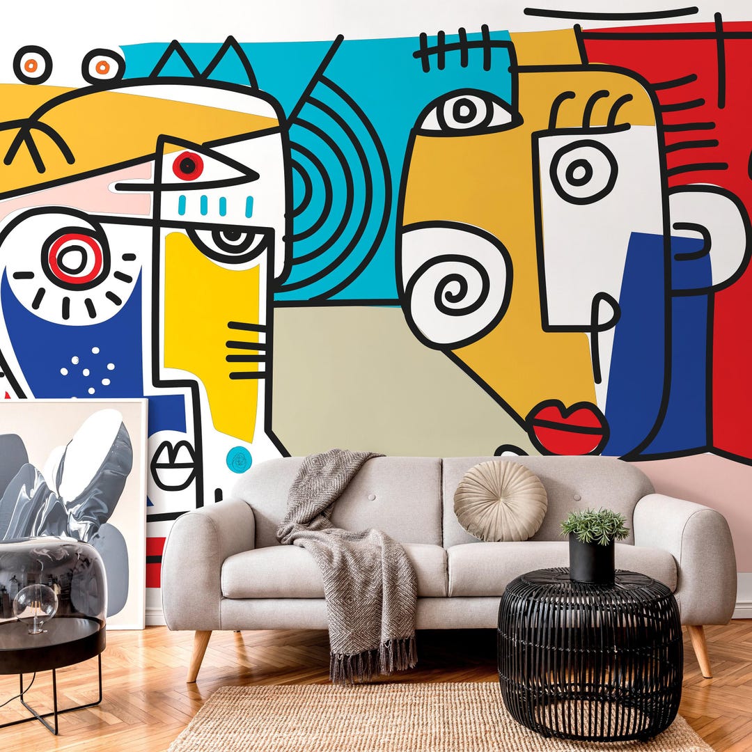 Cubism Wallpaper With Abstract Faces in Yellow, Blue, and Red - D569 - Etsy