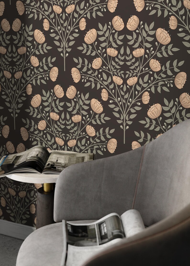 Art Nouveau Wallpaper With a Floral Tree Motif in Dark Brown, Sage ...