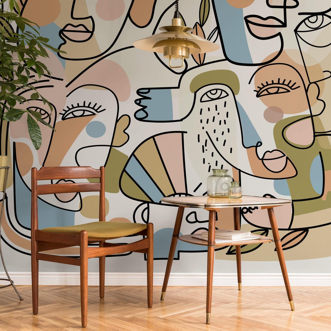 Cubist Wallpaper With Abstract Line Art Faces in Beige, Blue, and Green ...