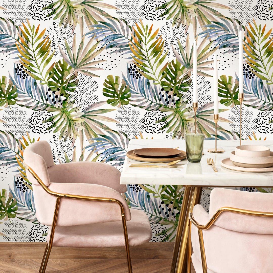 Tropical Botanical Green & White Wallpaper - B002 - Etsy