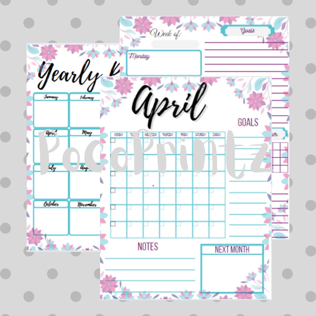 Weekly, Monthly, & Yearly Planner Pages Teal and Plum Floral Design ...
